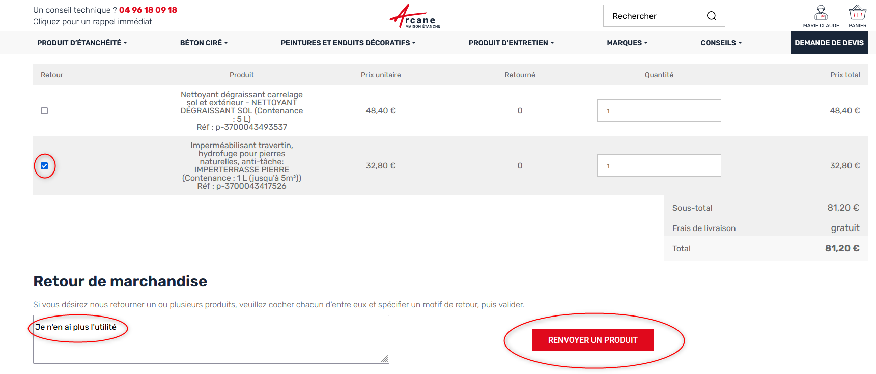 Faire un retour commande